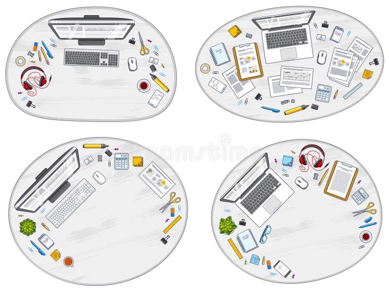 Office Desks Workspaces Top View with PC and Laptops and Diverse ...