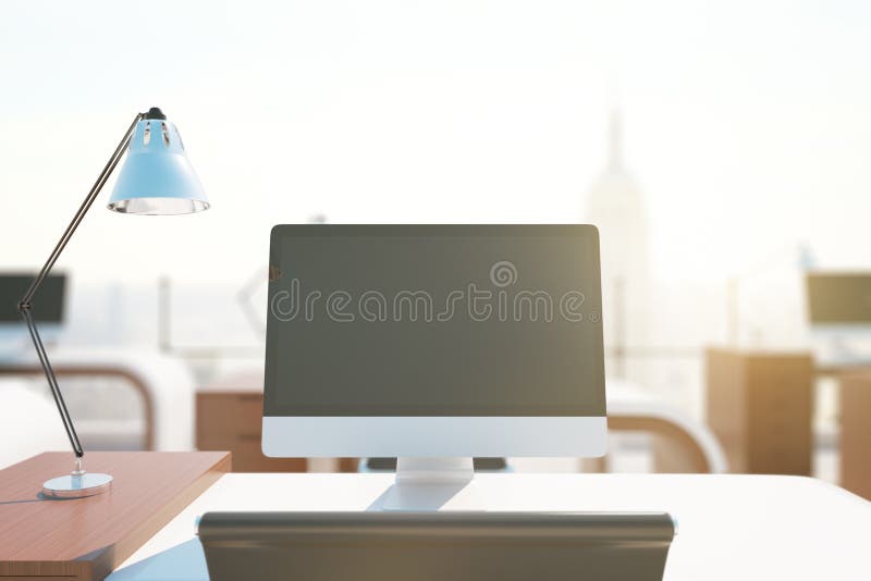 Office Desktop with Computer Stock Illustration - Illustration of data ...