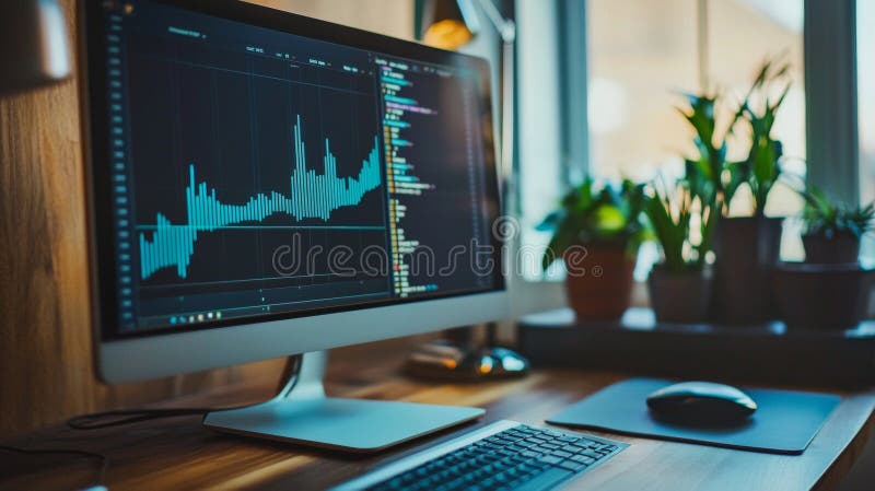 Office Desktop with Computer Displaying Data Chart Stock Photo - Image of generated ...