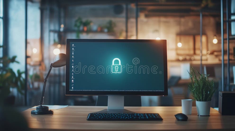 Office Desktop Computer Displaying Glowing Padlock Icon on Screen for ...
