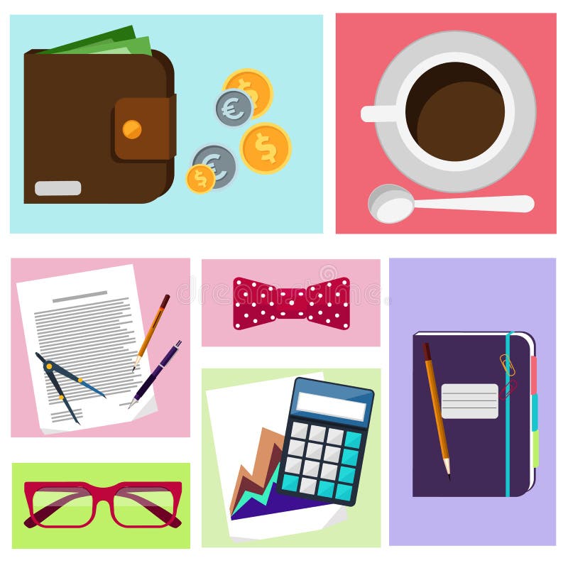 Office Desktop with Item Icons Stock Vector - Illustration of blank ...