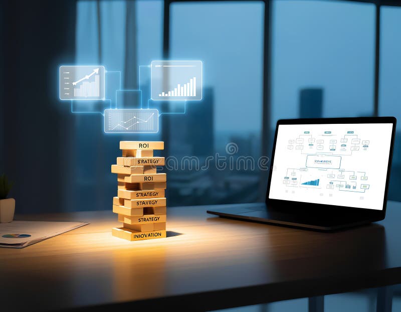 Office Desktop Shows Charts, Laptop with Business Flowchart, and ...