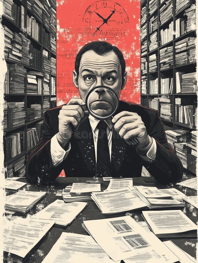 Office Detective Uncovers Hidden Secrets among Chaotic Paperwork Stock ...