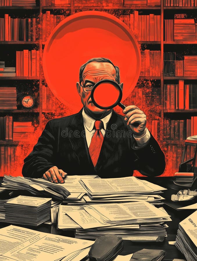 Office Detective Uncovers Hidden Secrets among Chaotic Paperwork Stock ...