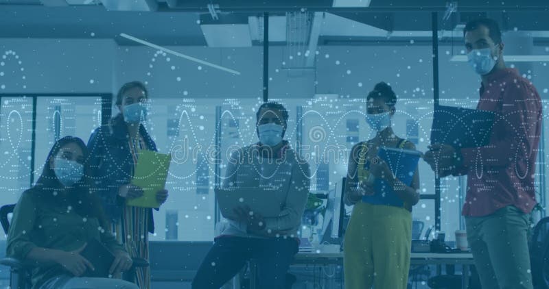 In Office, Diverse Team Collaborating with Data Animation Overlay ...