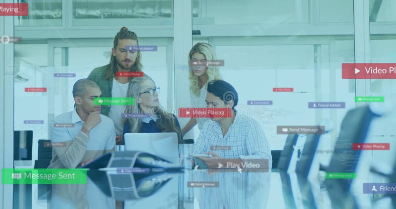 In Office, Diverse Team Collaborating with Digital Notifications ...