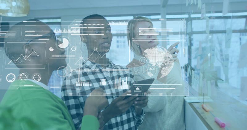In Office, Diverse Team Using Animation Overlay for Digital Data ...