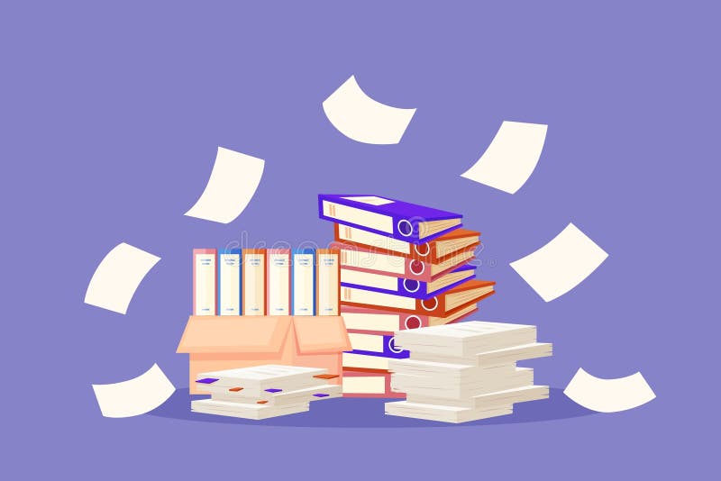 Office Documents Pile. Flying White Sheets, Folders Stack and Box with ...