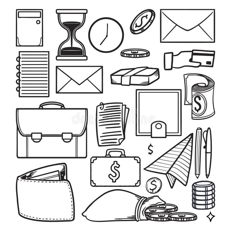 Office Doodle Drawing Set. a Collection of Items that Represent Money ...