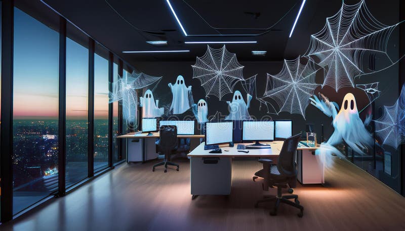 Office with Eerie Halloween Setup, Floating Holographic Ghosts, Digital ...