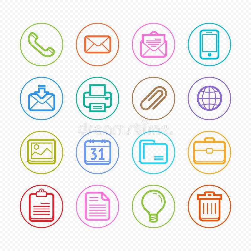 Office Elements Color Symbol Line Icon Set on White Background - Vector ...