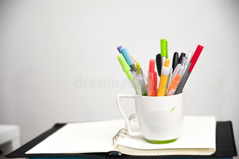 Office Elements Colorful Pens and Notebook Stock Image - Image of ...