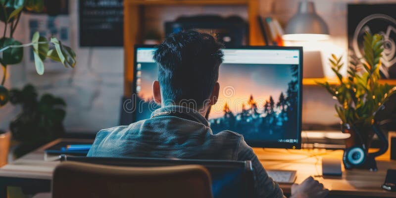 Office Employee Sits at a Computer Desk in the Evening, Workplace, Back ...