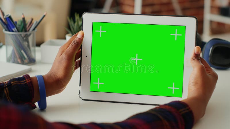 Office Employee Using Horizontal Greenscreen on Wireless Device Stock ...