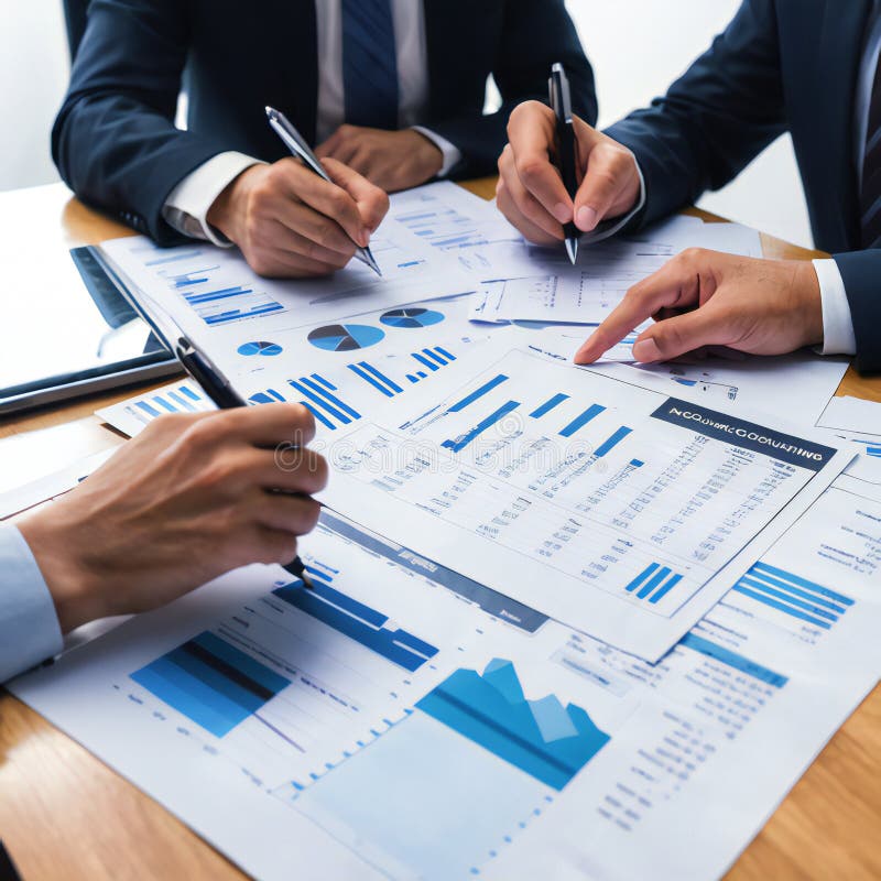 Office Employee Work Discussing on Table with Charts and Paper Pen Etc ...