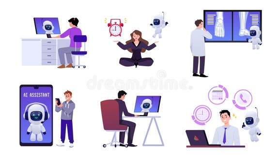 Office Employees with Computer, Smartphone Working with Chat Bot, AI ...