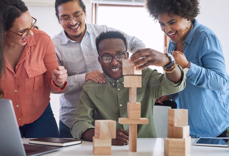 Office, Employees and Happy on Teamwork with Building Blocks for ...