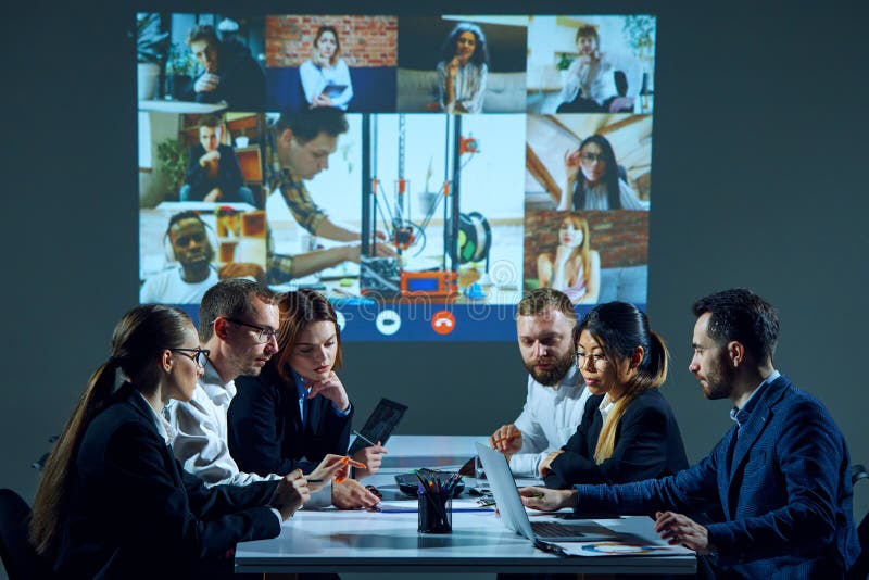 Office Employees Join Video Call from Boardroom, Sharing Information ...
