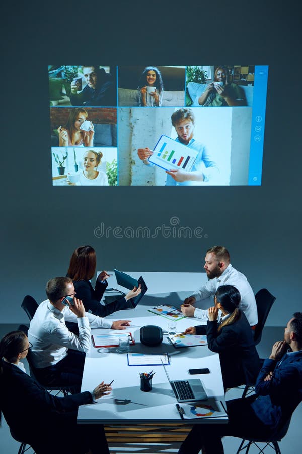 Office Employees Participate in Video Conference Call, Discussing ...