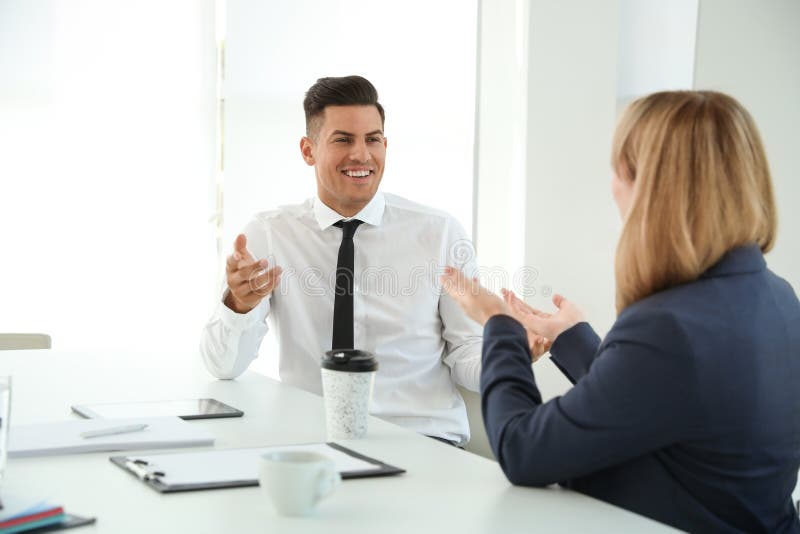 Office Employees Talking at Table during Meeting Stock Photo - Image of ...