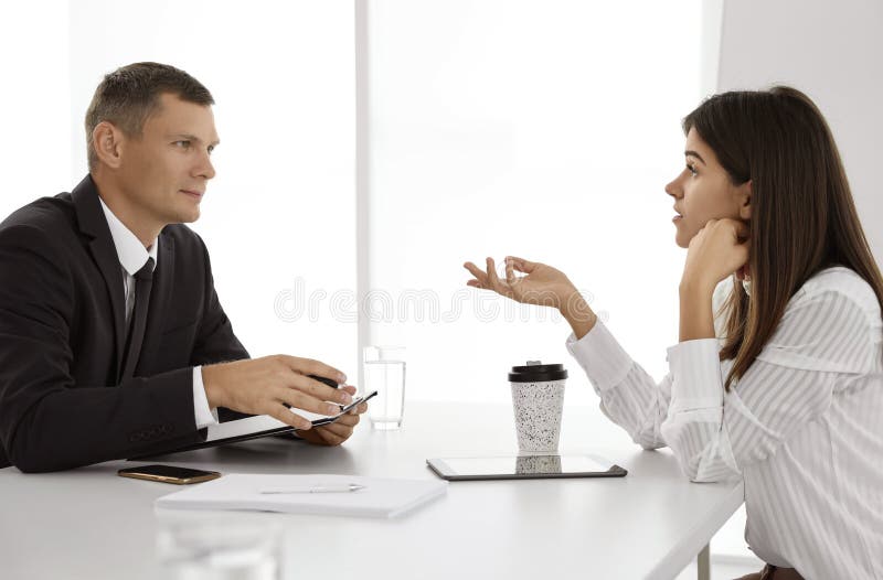 Office Employees Talking at Table during Meeting Stock Photo - Image of ...