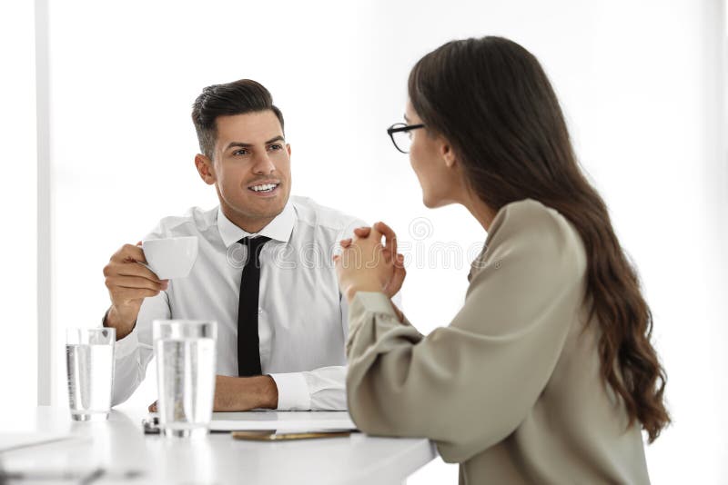 Office Employees Talking at Table during Meeting Stock Image - Image of ...
