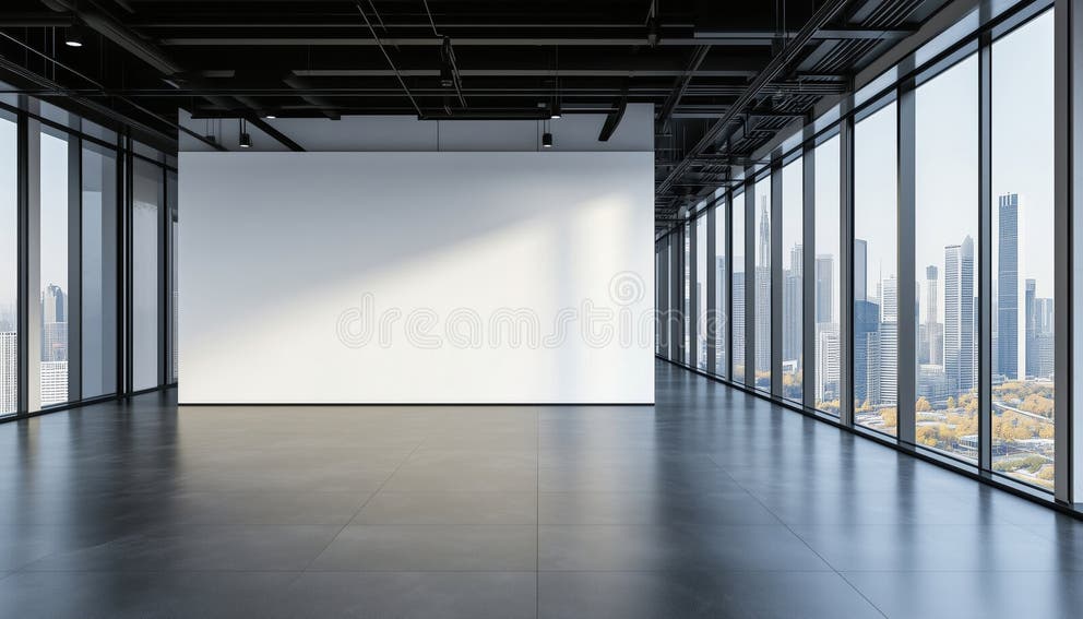Office with Empty White Wall Render Showcasing Black Granite Tile ...