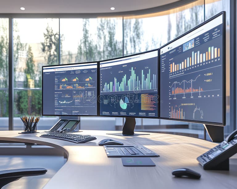 Office Environment with Dual Monitors Ergonomic Accessories and a Large ...