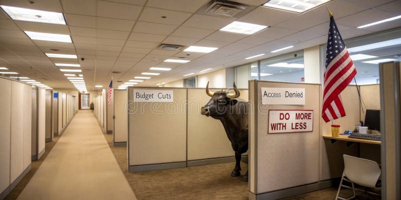 Office Environment Featuring a Bull Statue Highlighting Budget Cuts and ...
