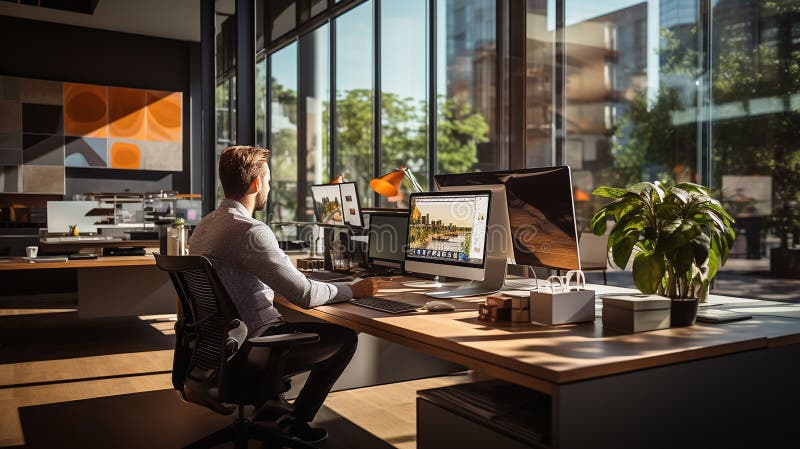 Office Environment with Large Window, Sunlight To Flood the Space, and ...
