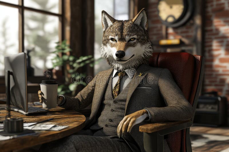 In an Office Environment, a Portrait of a Wolf Dressed in a Business ...