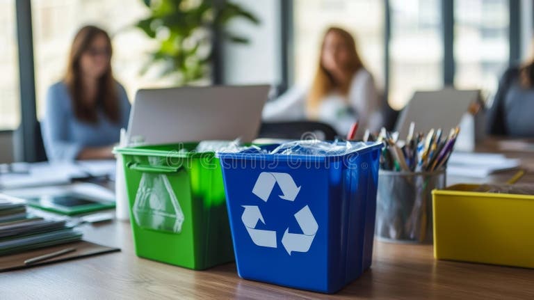 Office Environment with Recycling Bins and Collaborative Workers Stock ...