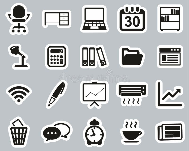 Office & Office Equipment Icons Black & White Sticker Set Big Stock ...