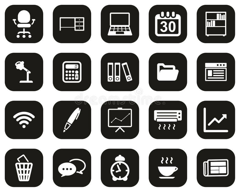 Office & Office Equipment Icons White on Black Flat Design Set Big ...