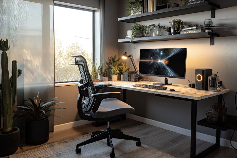 Office with Ergonomic Chair, Desk, and Lighting for Productive ...