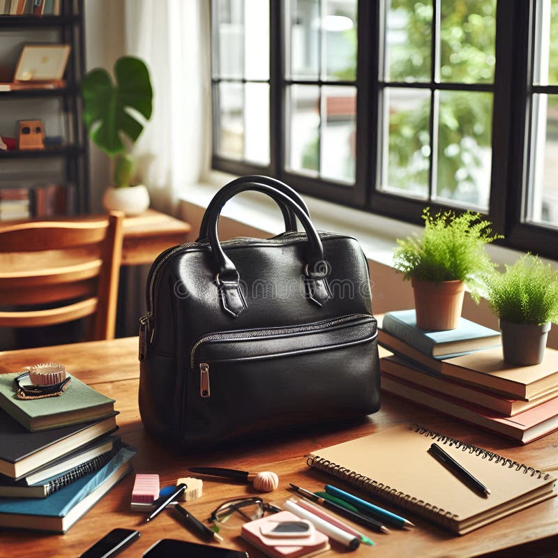 Office Essential: Black Leather Bag, Generative AI. Stock Illustration - Illustration of classic ...