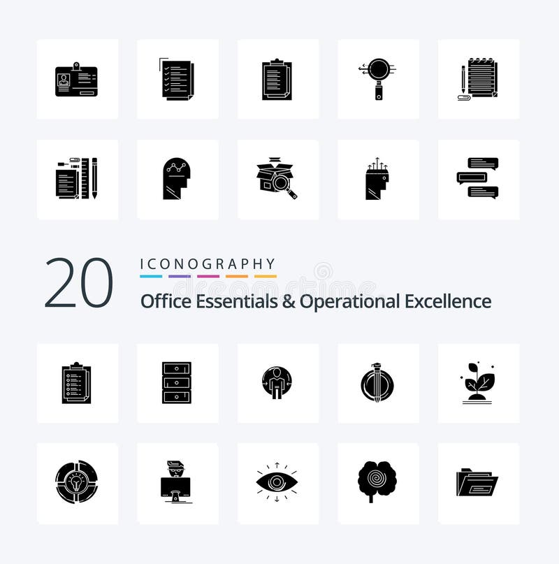 20 Office Essentials and Operational Exellence Solid Glyph Icon Pack ...