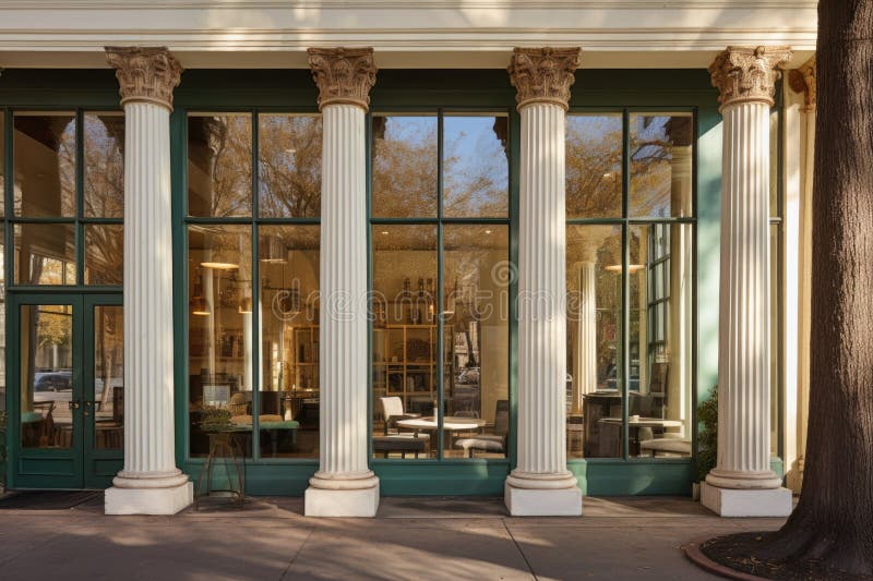 Office Exterior with Antique Columns and Large Glass Windows Stock ...