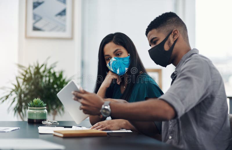 Office, Face Mask and Business People with Tablet for Discussion ...