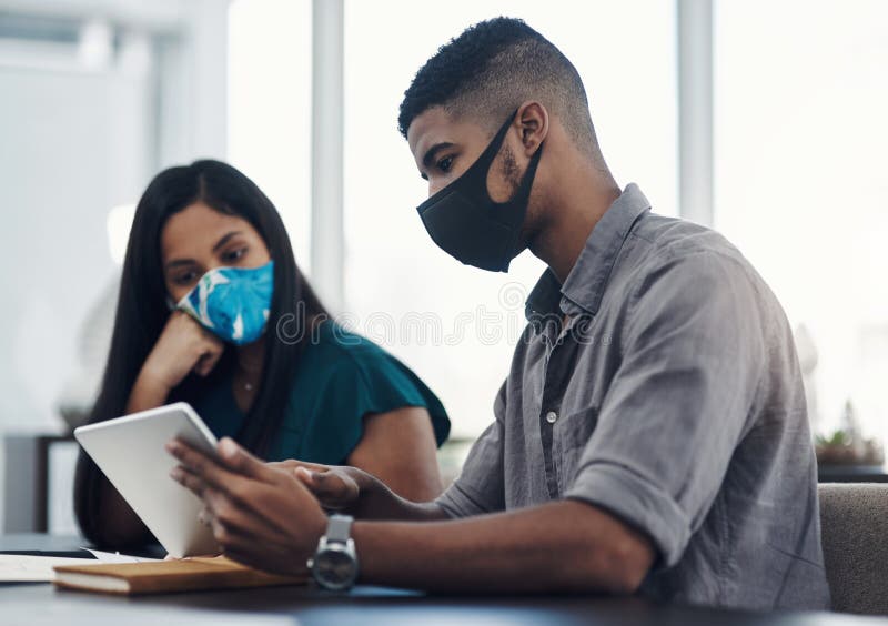 Office, Face Mask and Business People with Tablet for Planning ...
