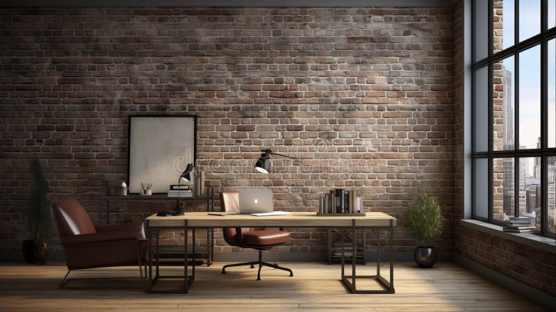 Rustic Charm Modern Home Office with Brick Wall Background in 8k ...
