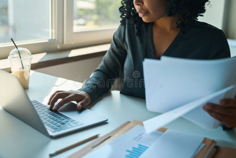 Office Female Worker Typing Text on Computer Stock Photo - Image of ...