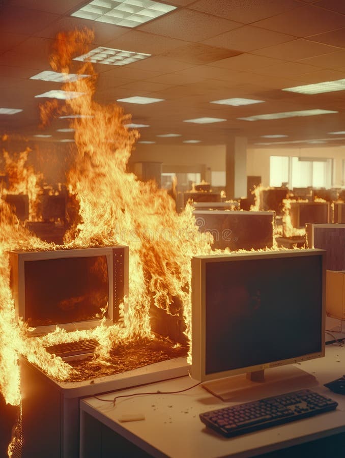 Office on Fire with Burning Computers and Desks Creating a Chaotic Scene Stock Image - Image of ...