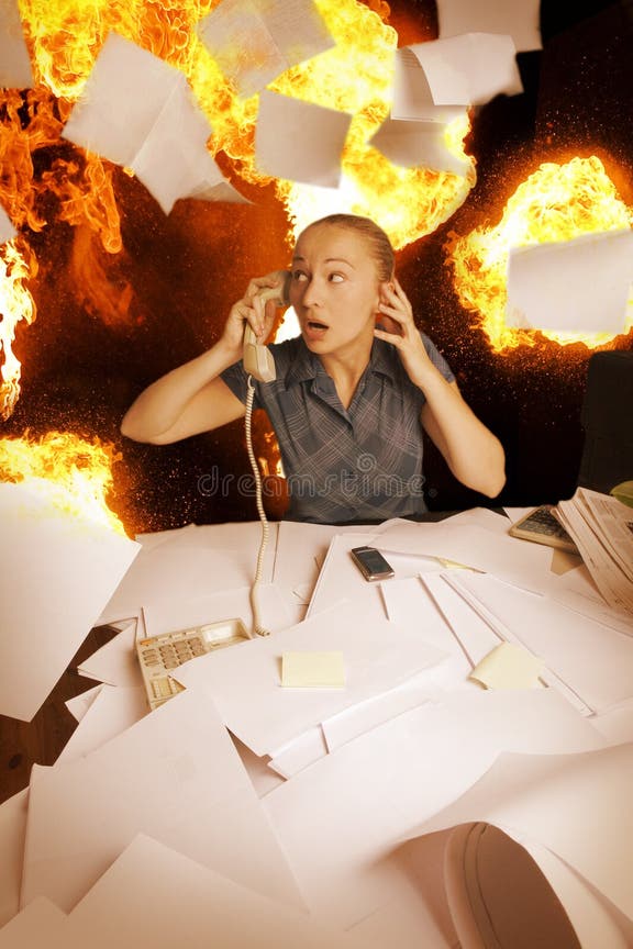 Office on Fire and Flying Paper Sheets Stock Image - Image of mess ...