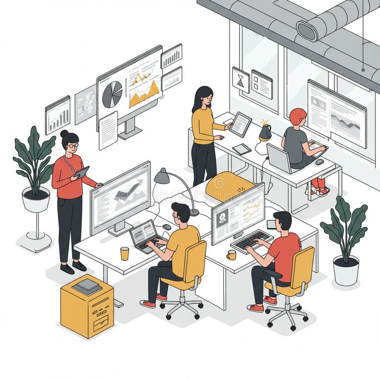 Office with Five People Working at Desks with Computers and Tablets ...