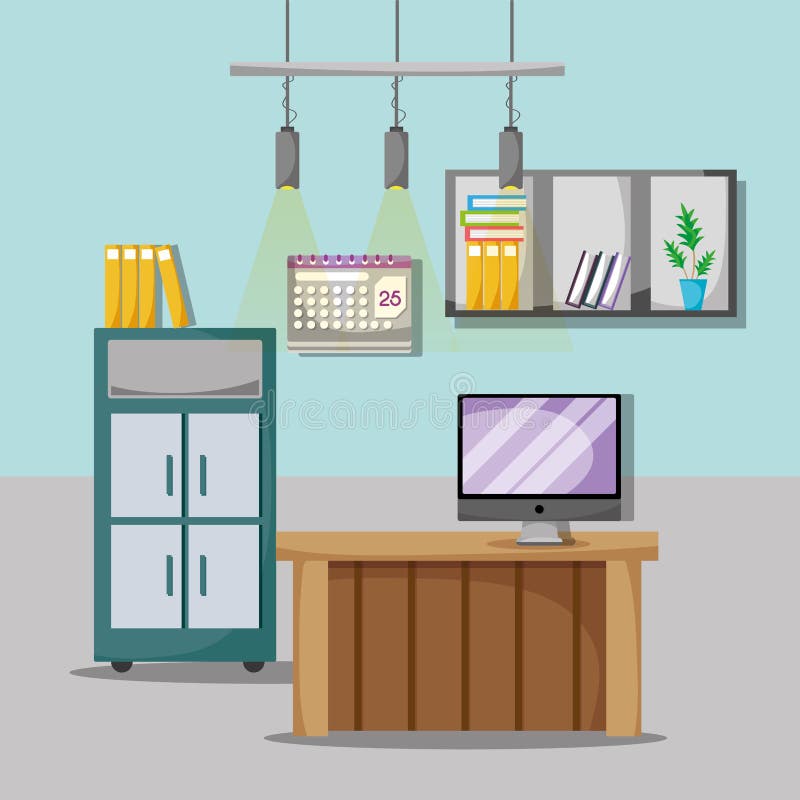 Office Flat with Desk and Work Accessories Stock Vector - Illustration ...