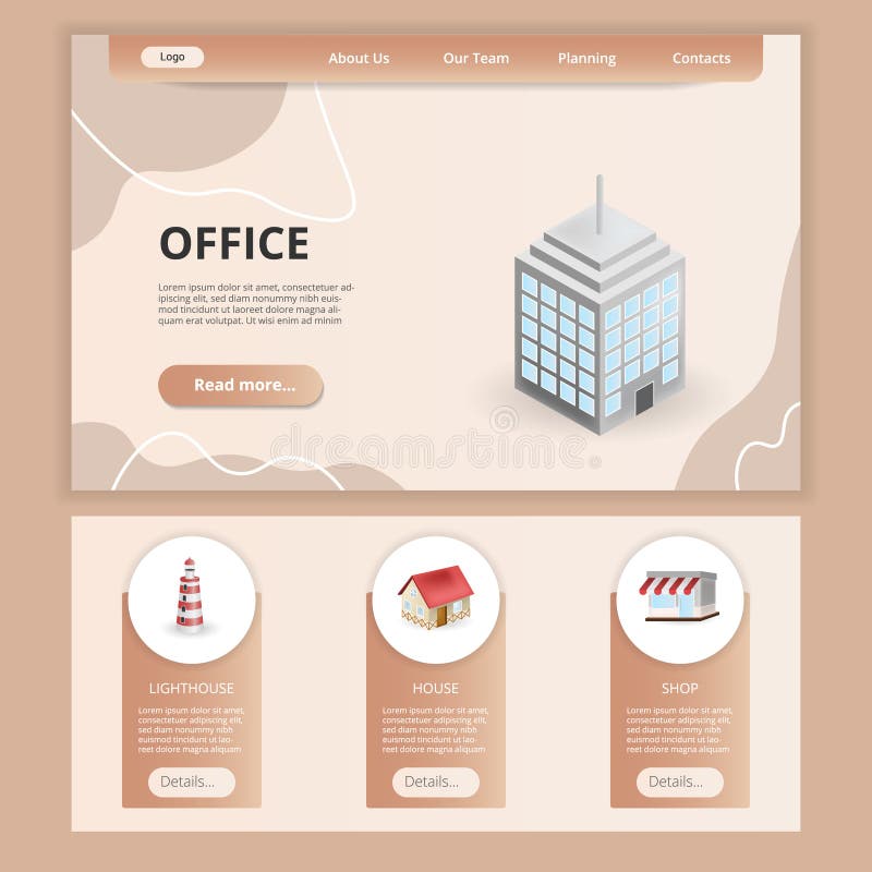 Office Flat Landing Page Website Template. Lighthouse, House, Shop. Web ...