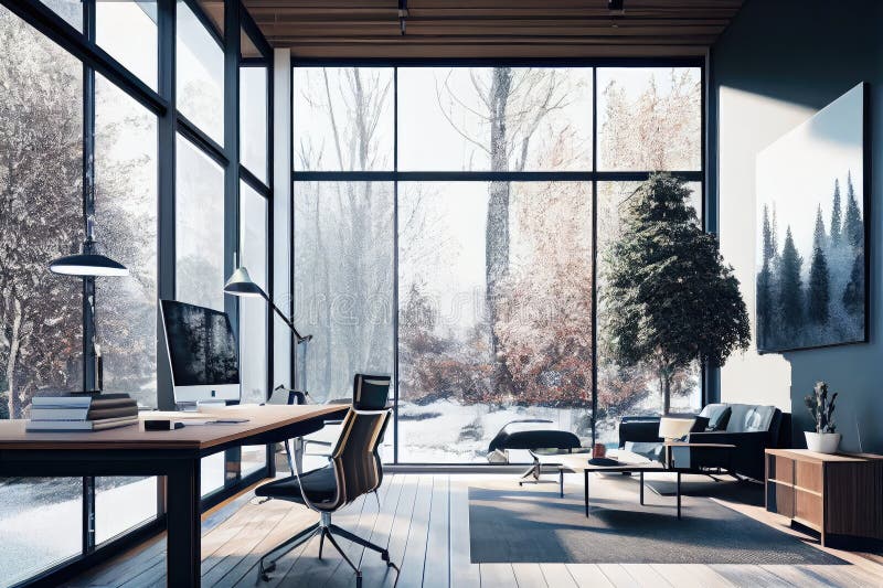 Office with Floor-to-ceiling Windows, Showcasing Beautiful View of the ...