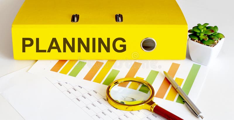 Office Folder with Text PLANNING with Charts, Magnifier and Pen Stock ...