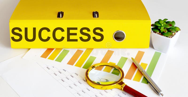 Office Folder with Text SUCCESS with Charts, Magnifier and Pen Stock ...